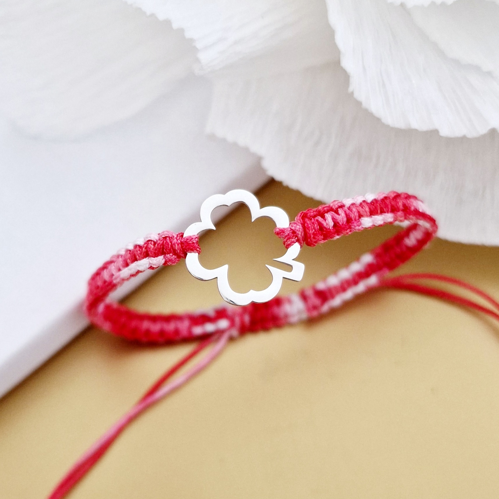 Bratara Martisor - Simbol trifoi din Argint 925 - Snur impletit rosu ...