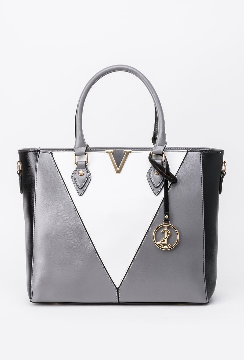 Geanta din piele ecologica neagra in combinatie cu gri si alb | Dasha.ro