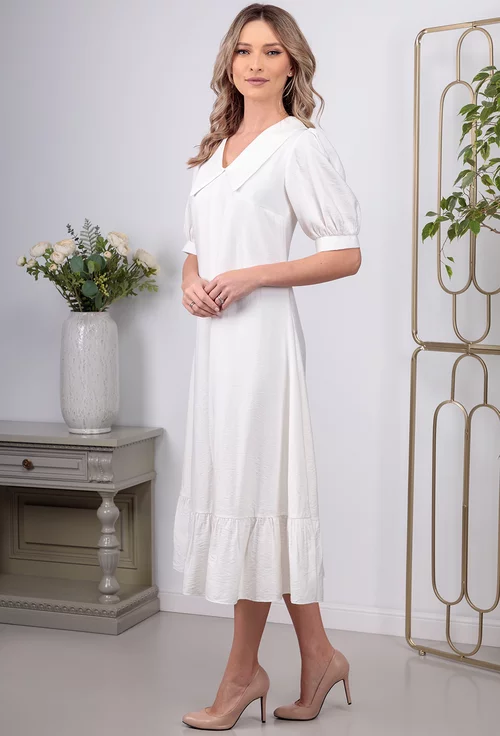 Rochie alba cu maneci bufante - Dasha.ro