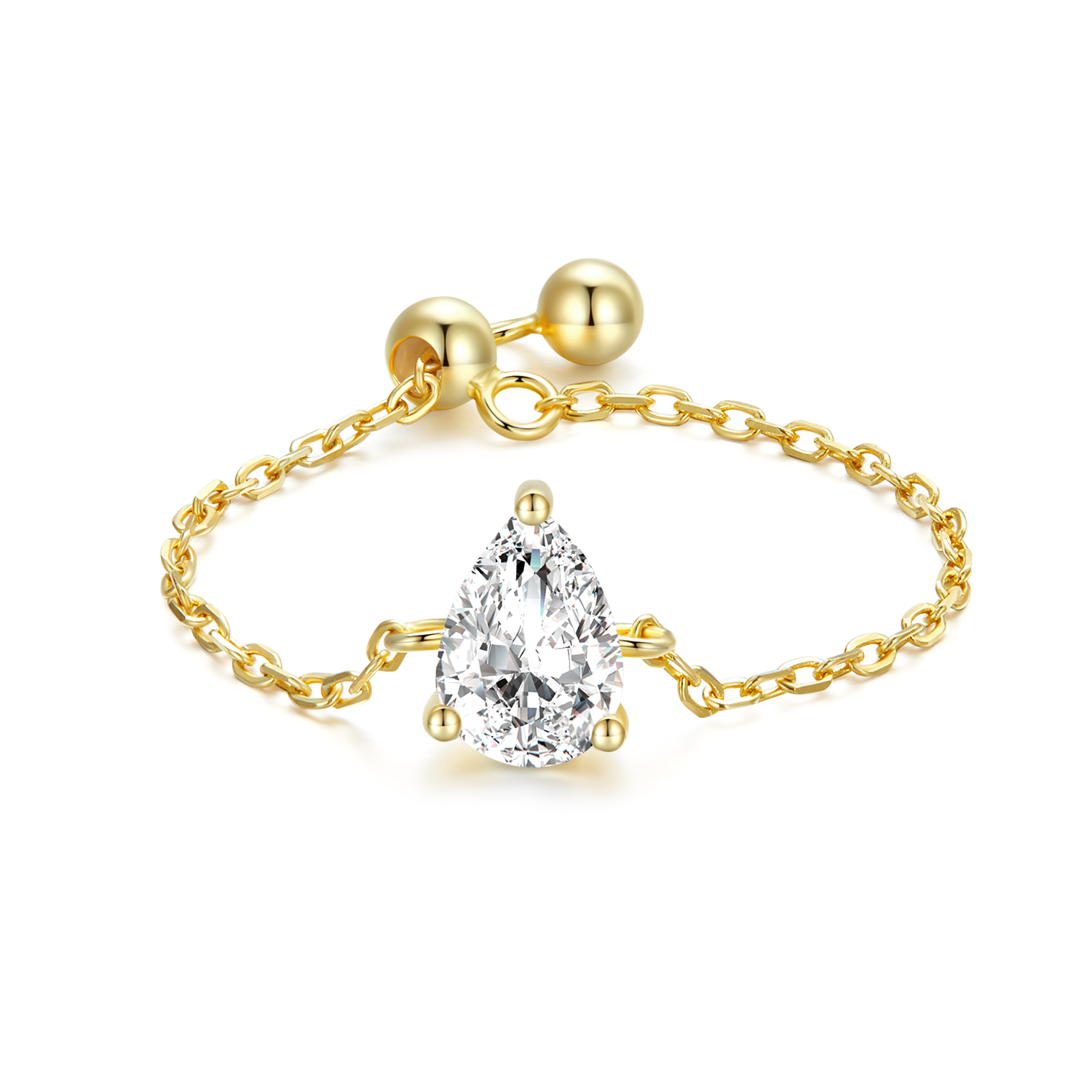 Inel reglabil din argint Golden Drop Chained Crystal