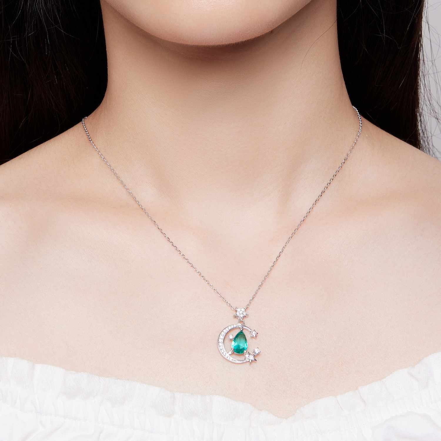 Colier reglabil din argint Bright Green Moon