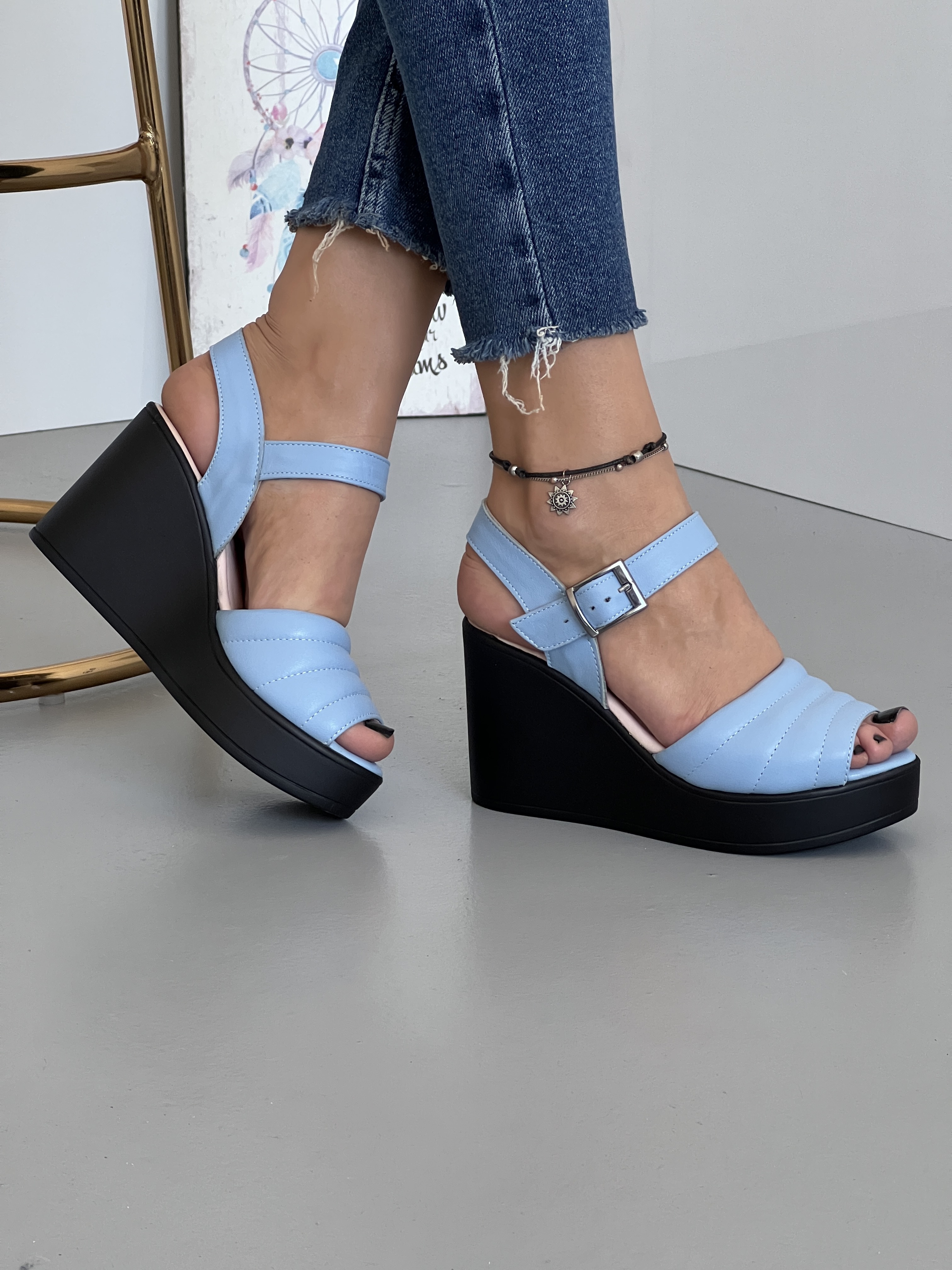 Sandale Piele Naturala Albastre Cu Platforma AK901