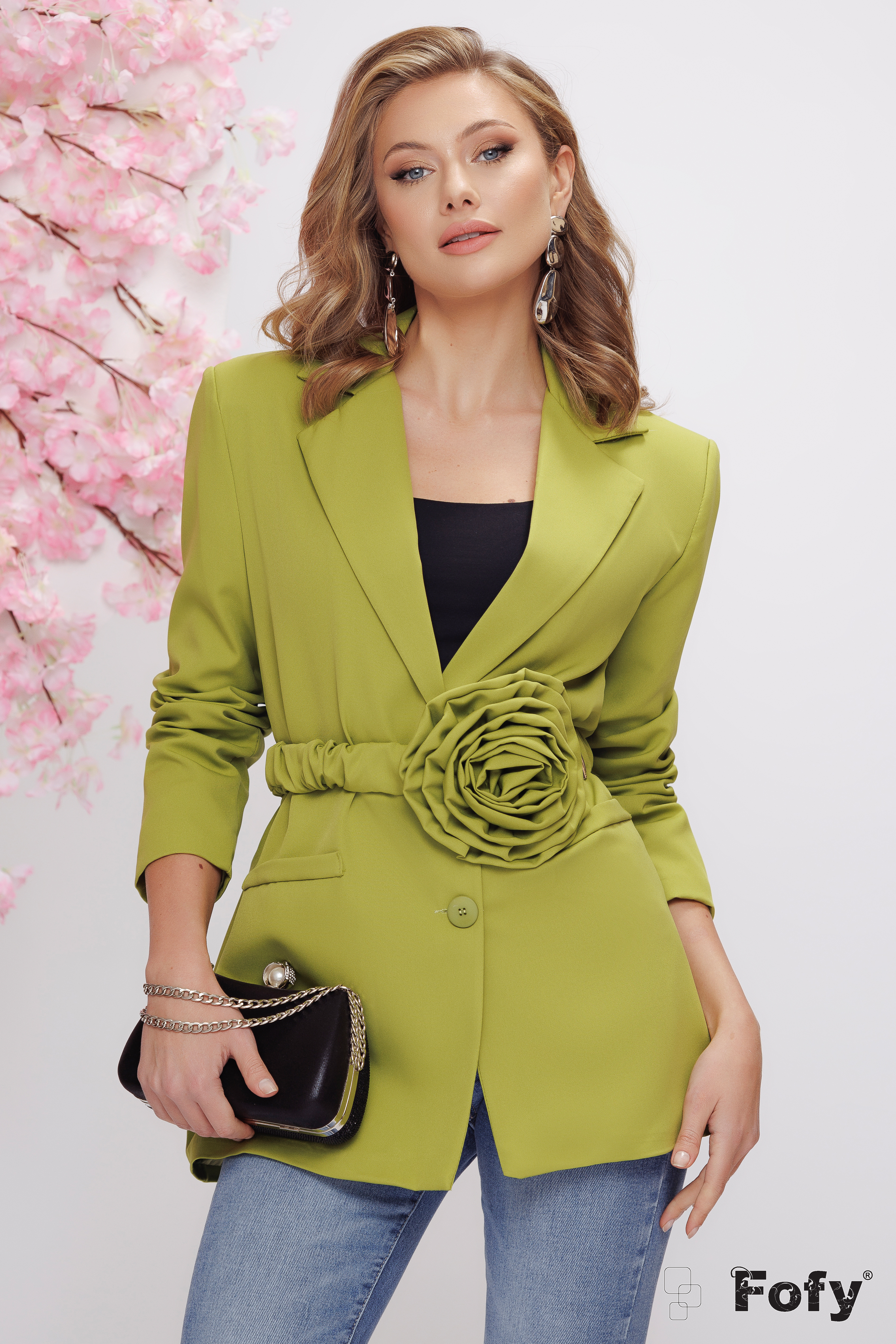 Sacou dama elegant oversize verde fistic cu floare maxi pe centura ...