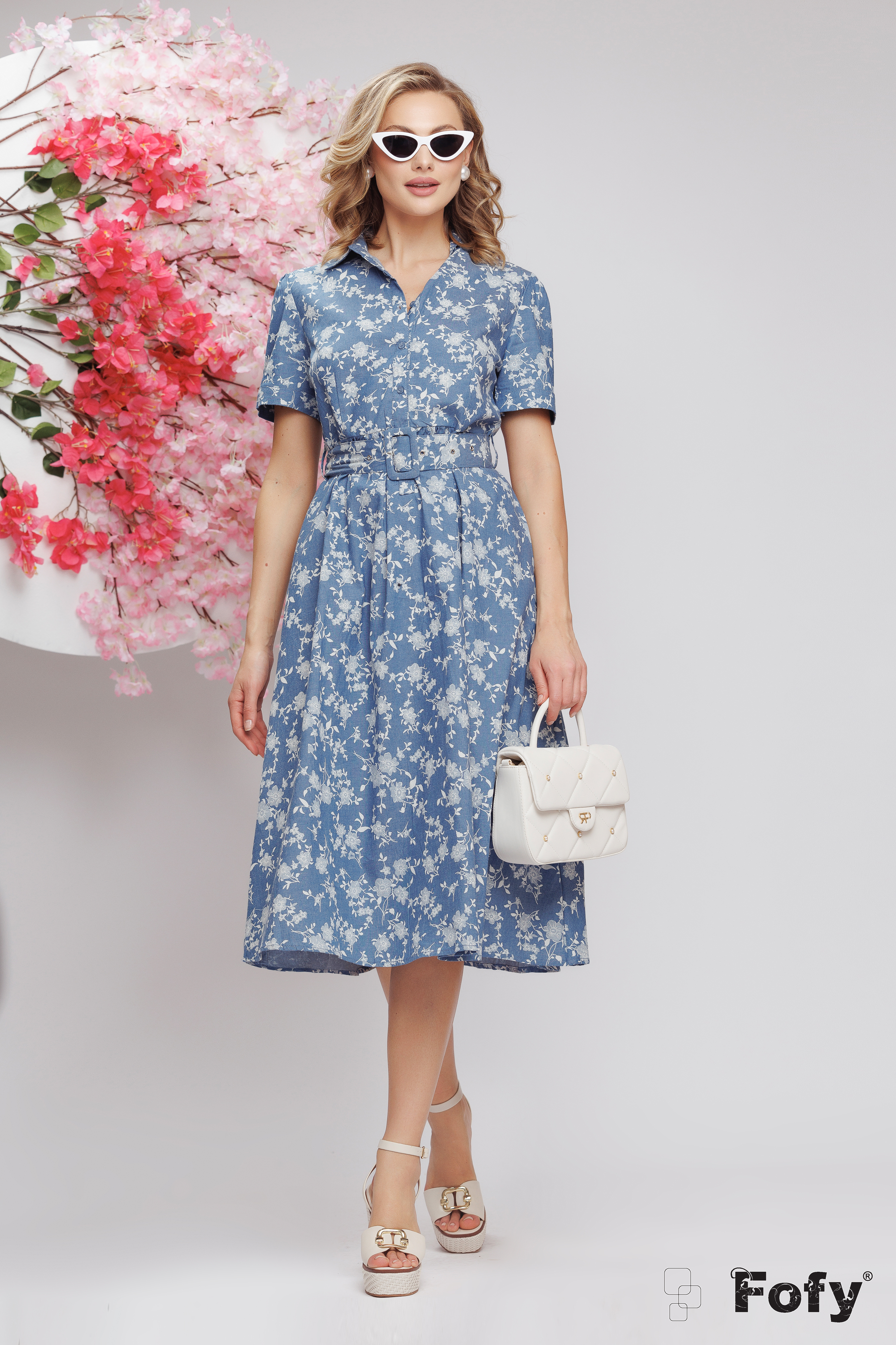 Rochie de blugi premium material subtire imprimeu floral • Fofy Shop