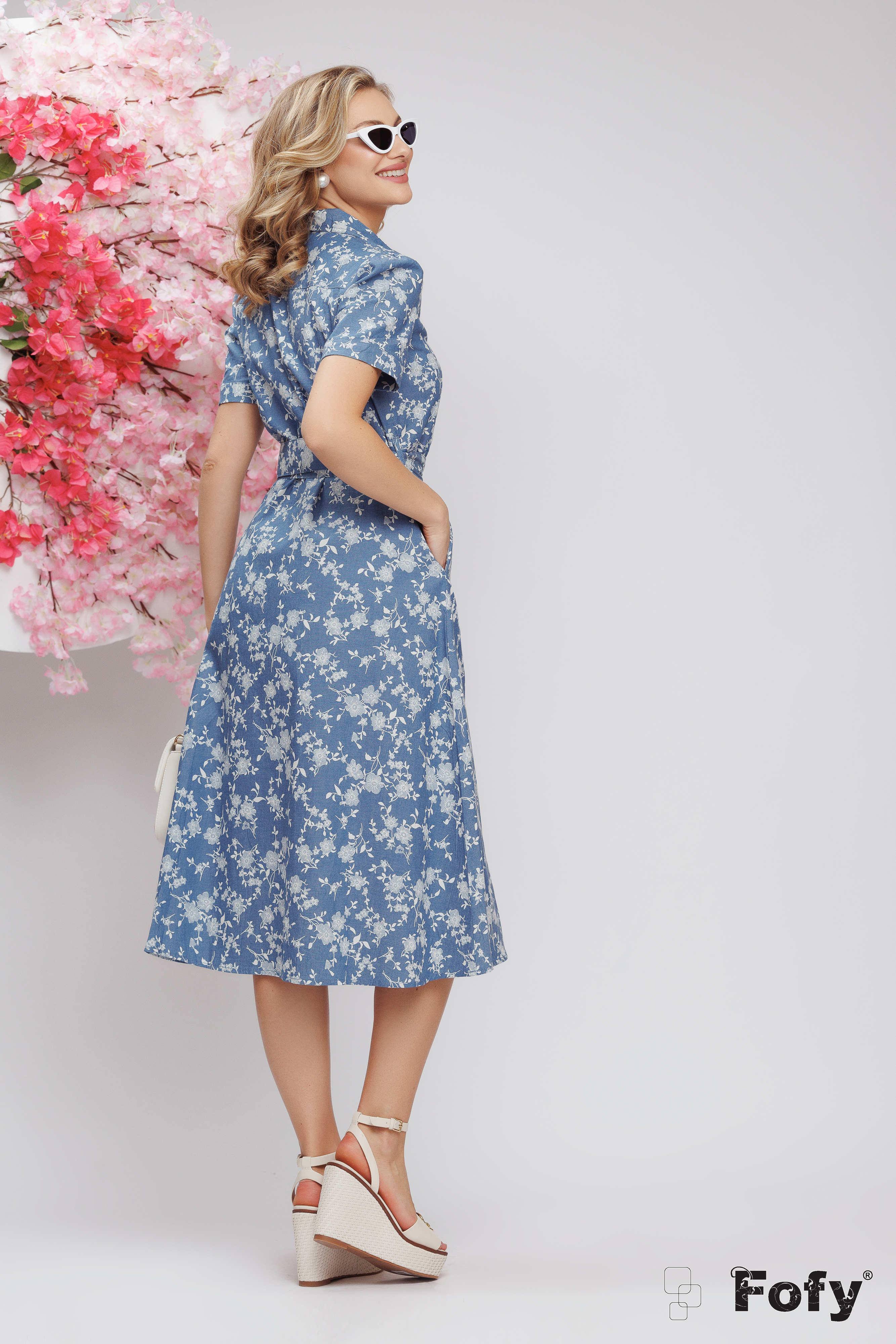 Rochie de blugi premium material subtire imprimeu floral • Fofy Shop