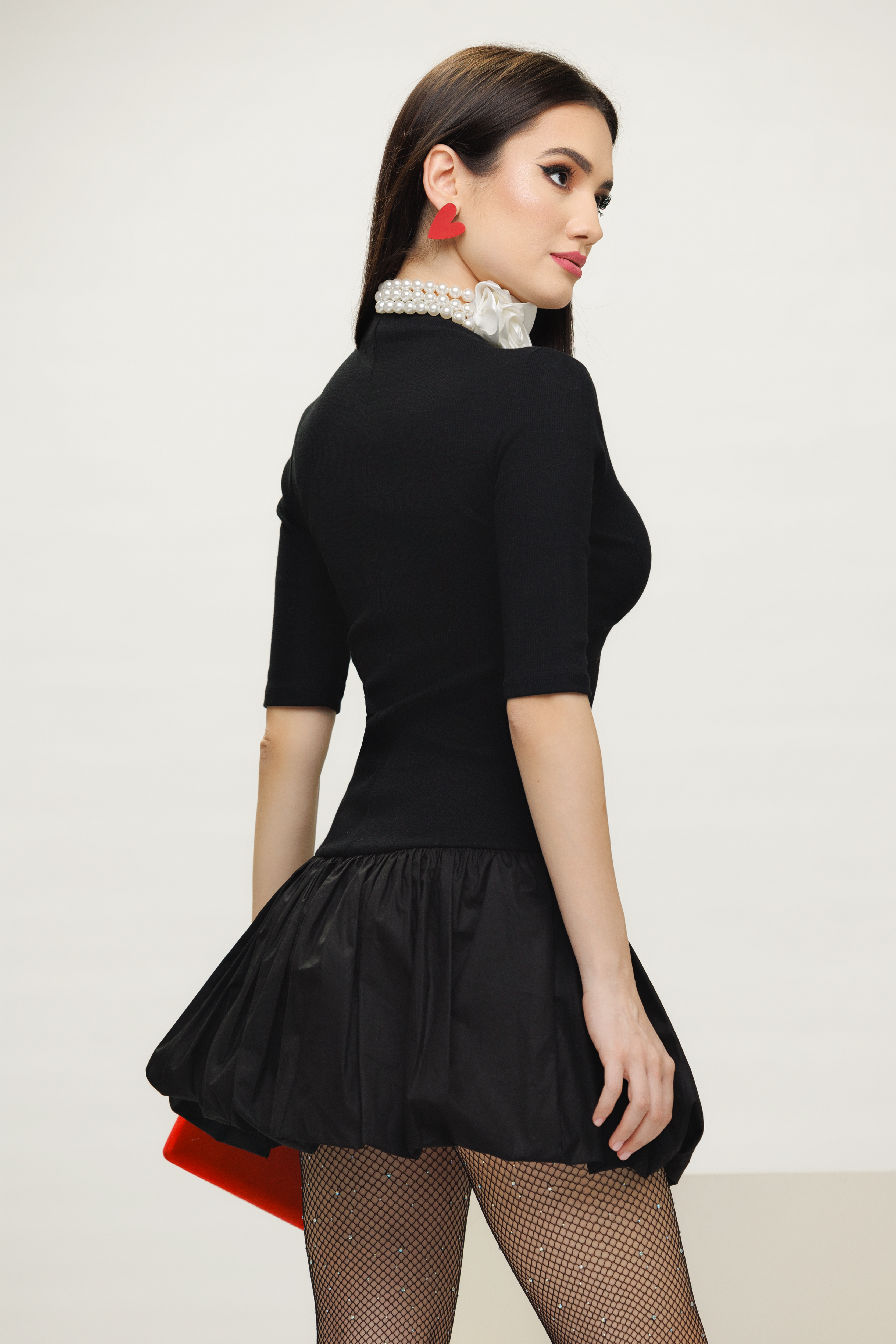 Rochie casual neagra din bumbac premium cu fusta gogosar • Fofy Shop