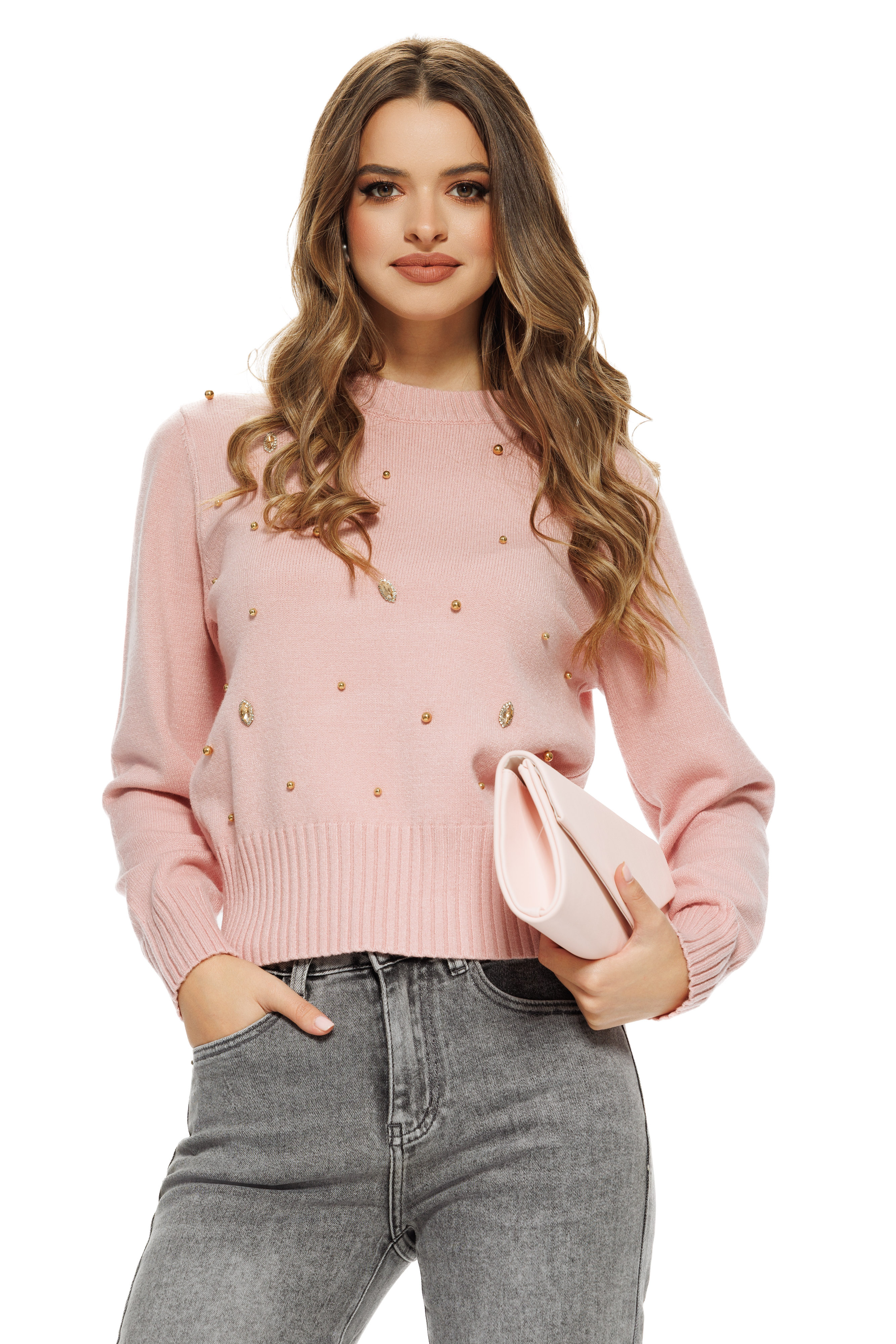 Pulover damă elegant roz cu perle și pietre decorative • Fofy Shop