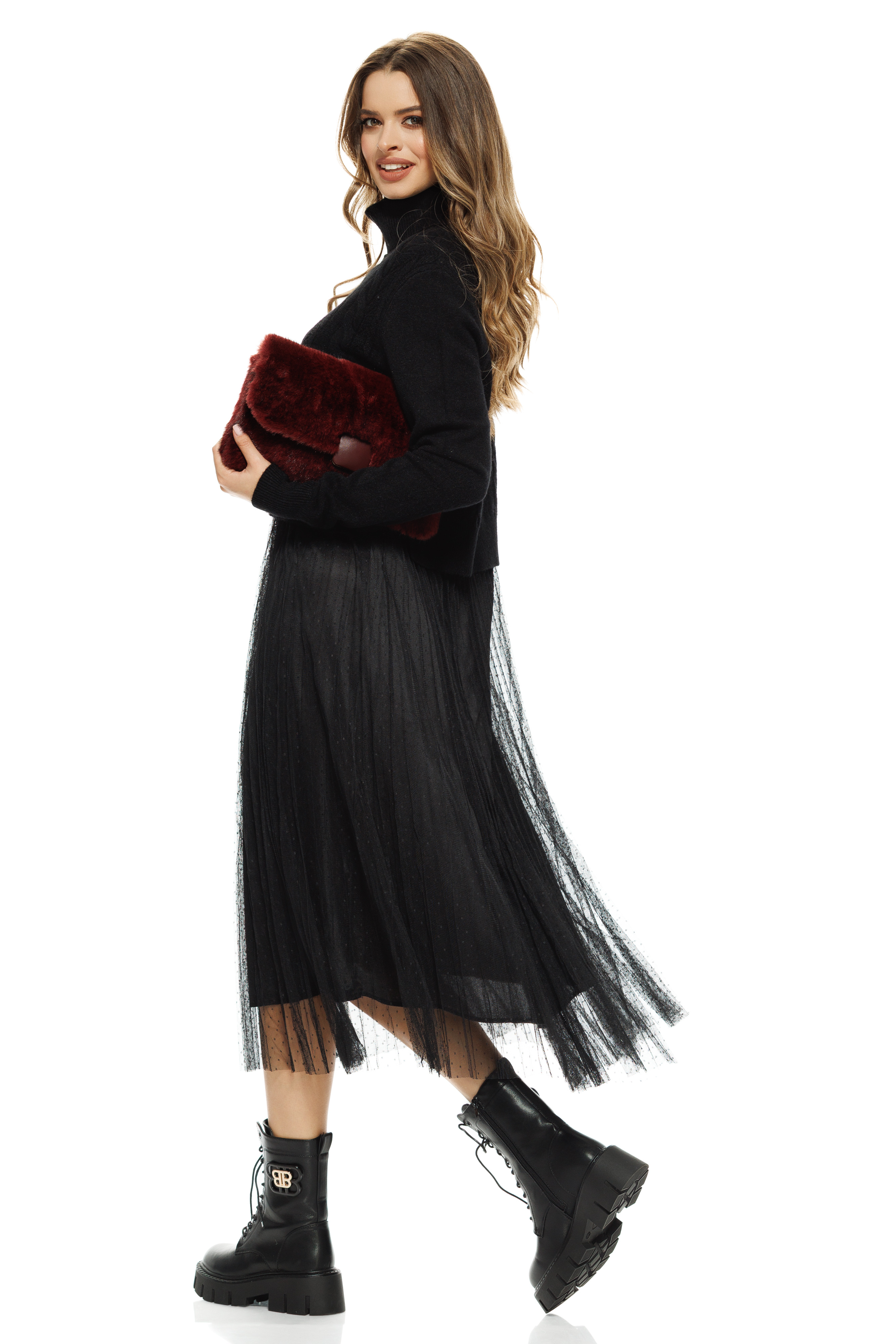 Compleu elegant negru din tricot împletit cu rochie plisată din tulle ...