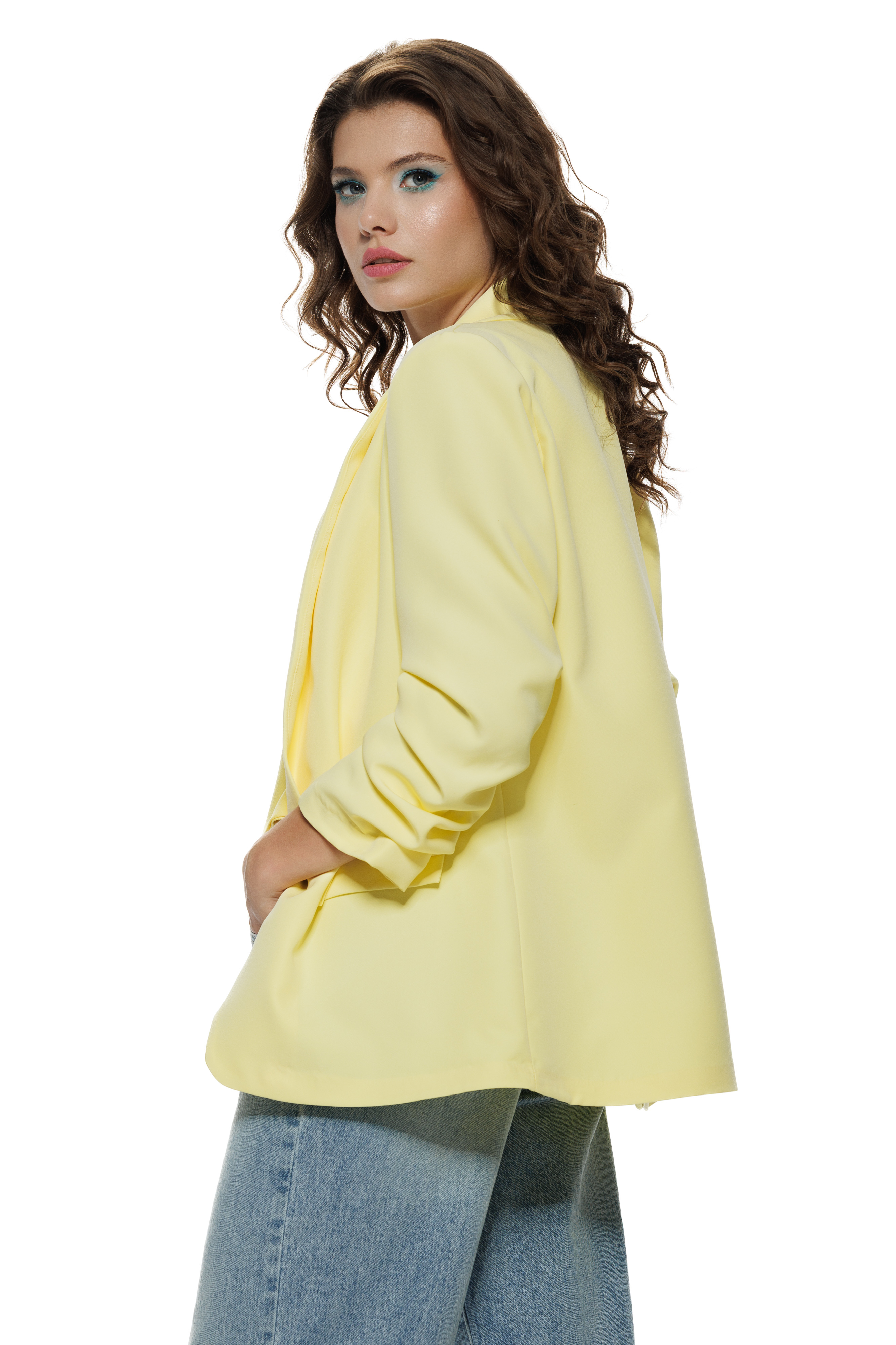 Sacou elegant galben damă cu mâneci plisate • Fofy Shop