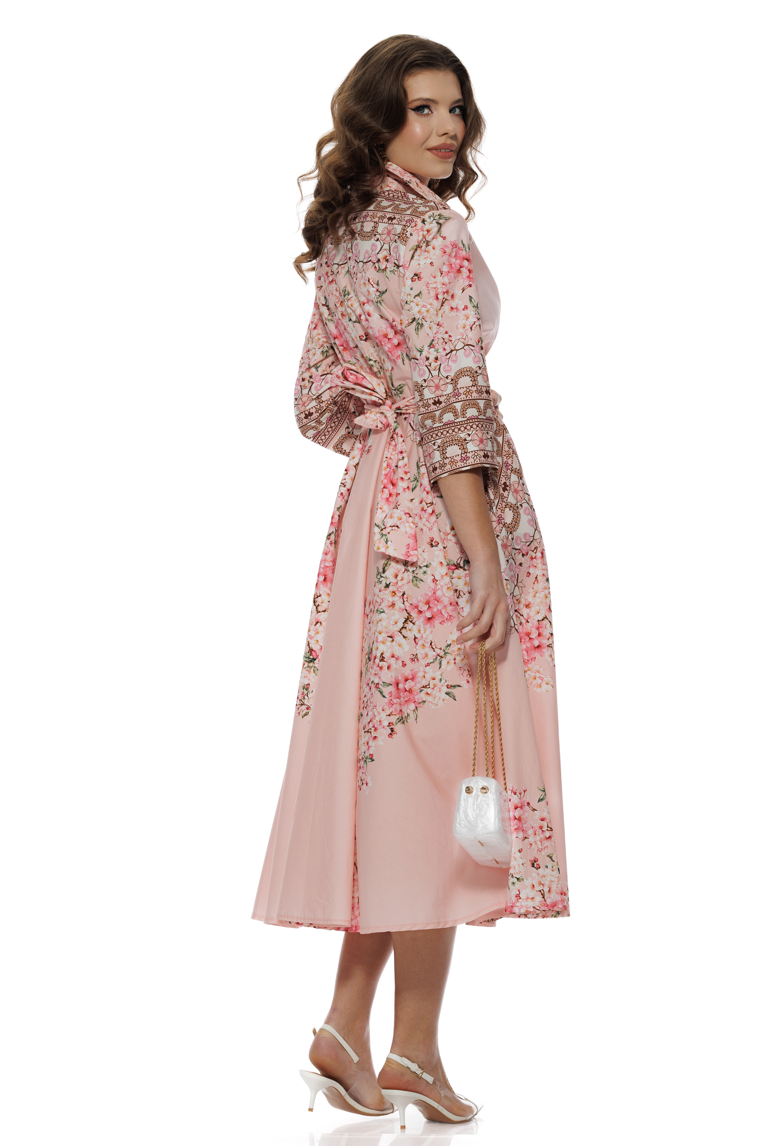 Rochie eleganta roz din bumbac cu imprimeu flori de cires cambrare ...