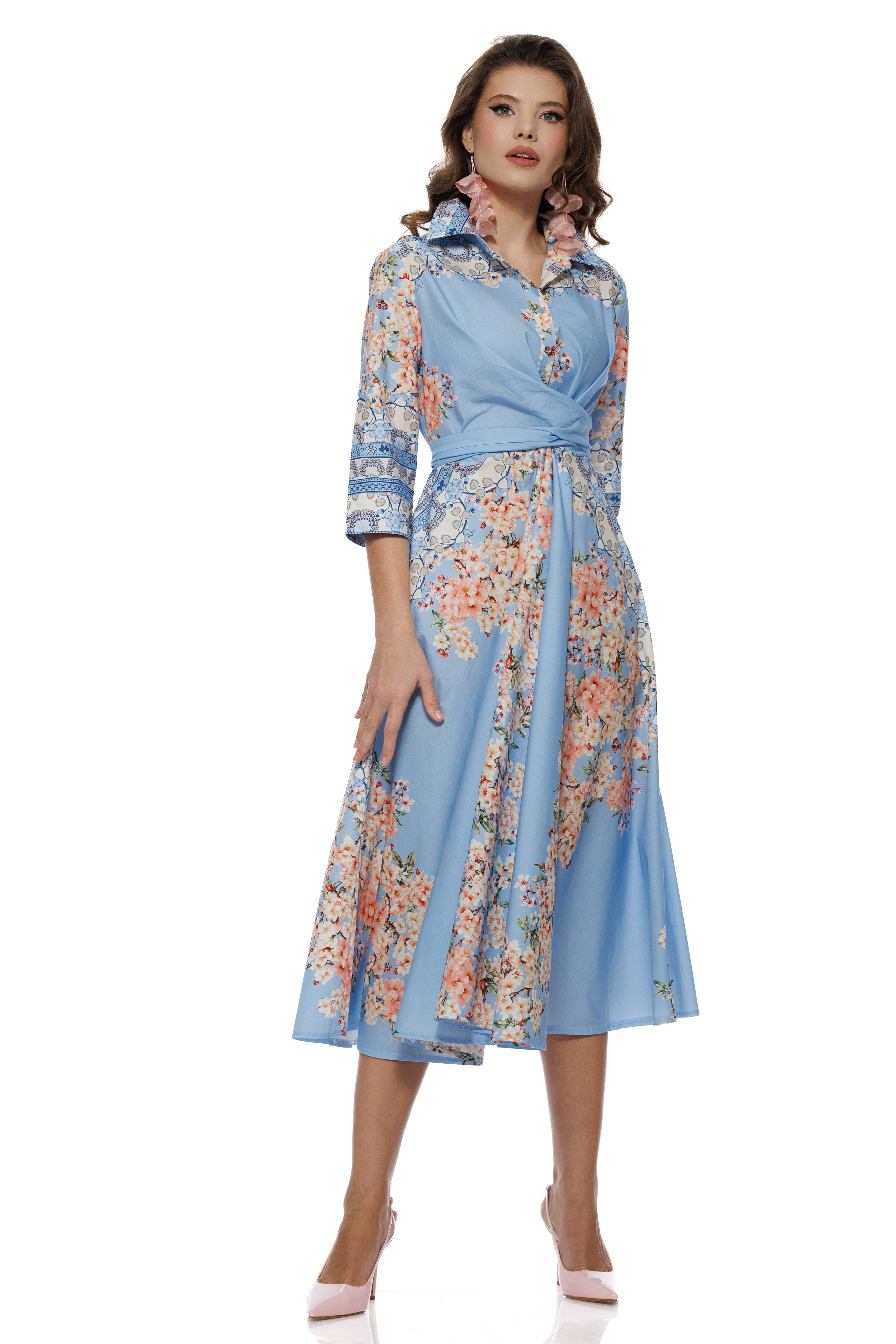 Rochie damă elegantă baby blue din bumbac cu imprimeu flori de cireș ...