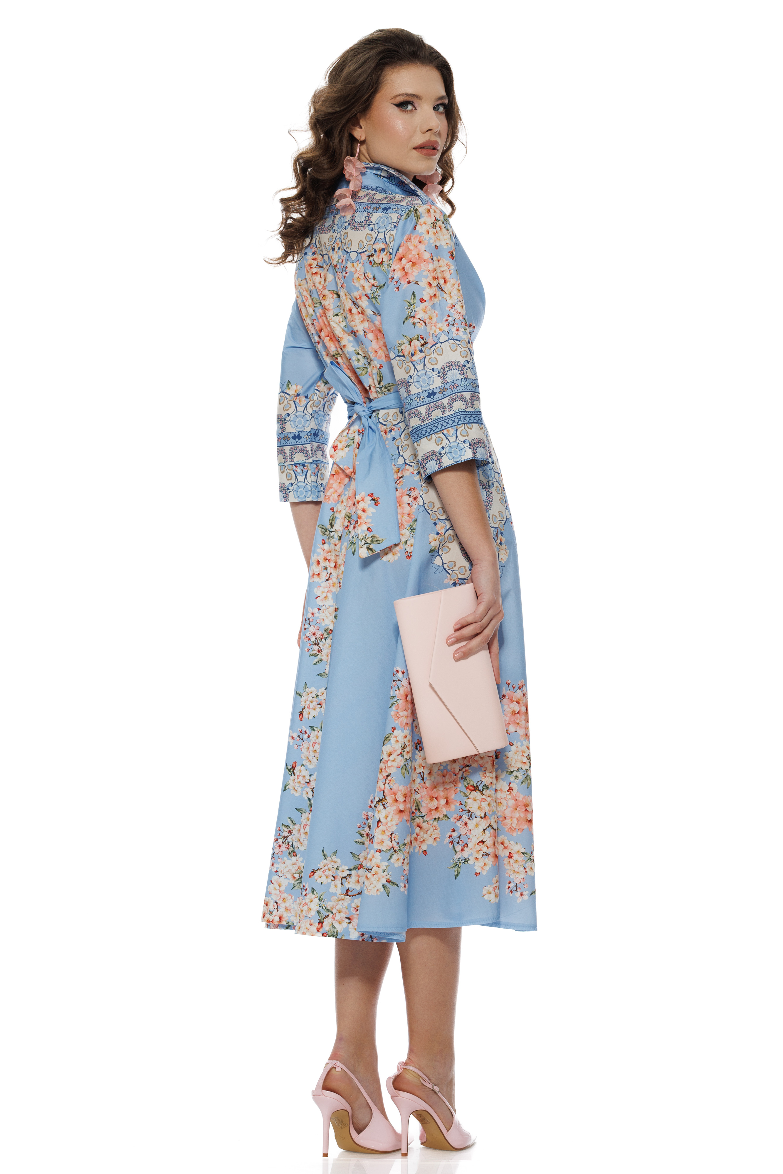 Rochie damă elegantă baby blue din bumbac cu imprimeu flori de cireș ...