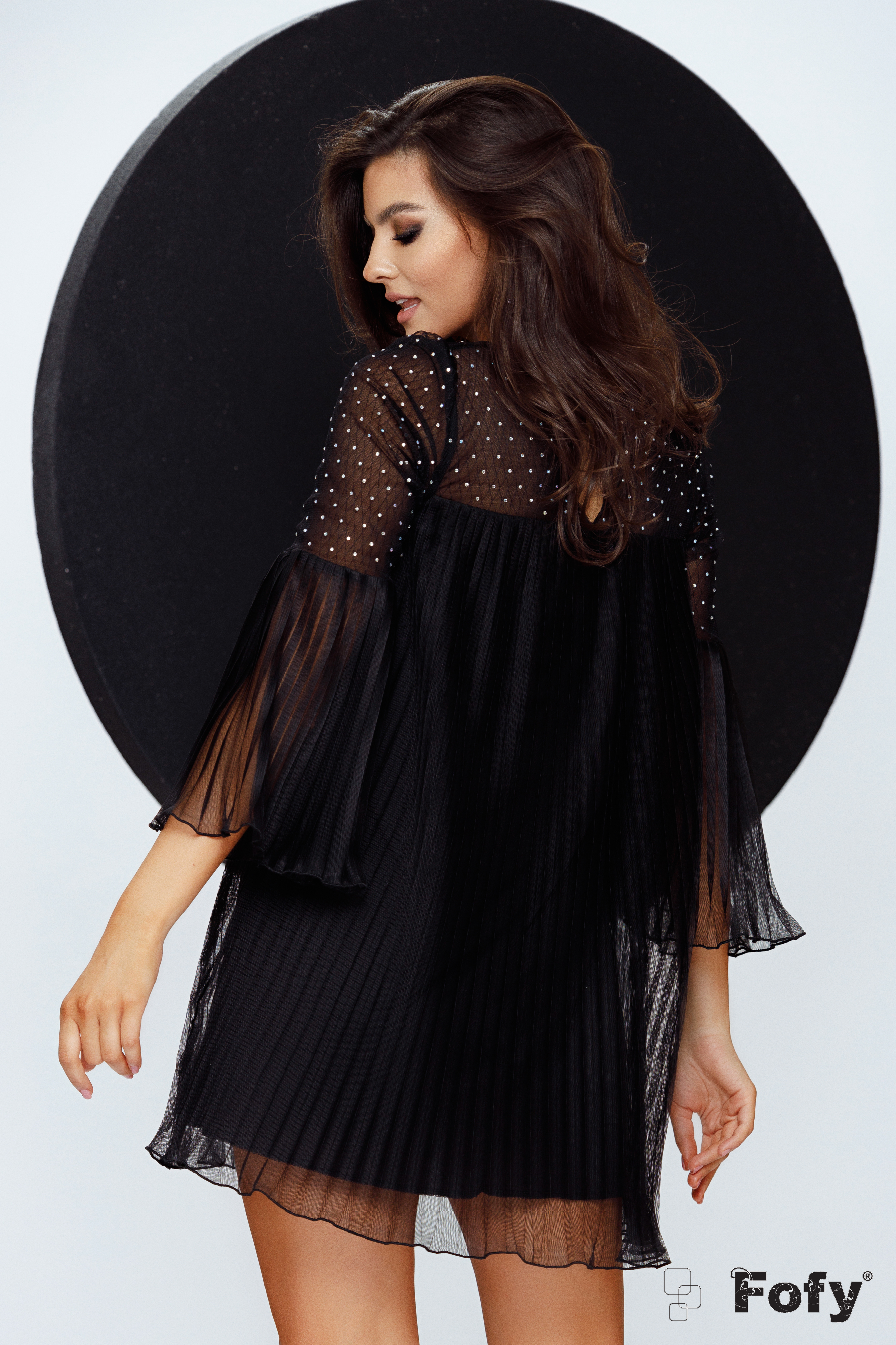 Rochie eleganta de ocazie Fofy neagră croi lejer din tul plisat si ...