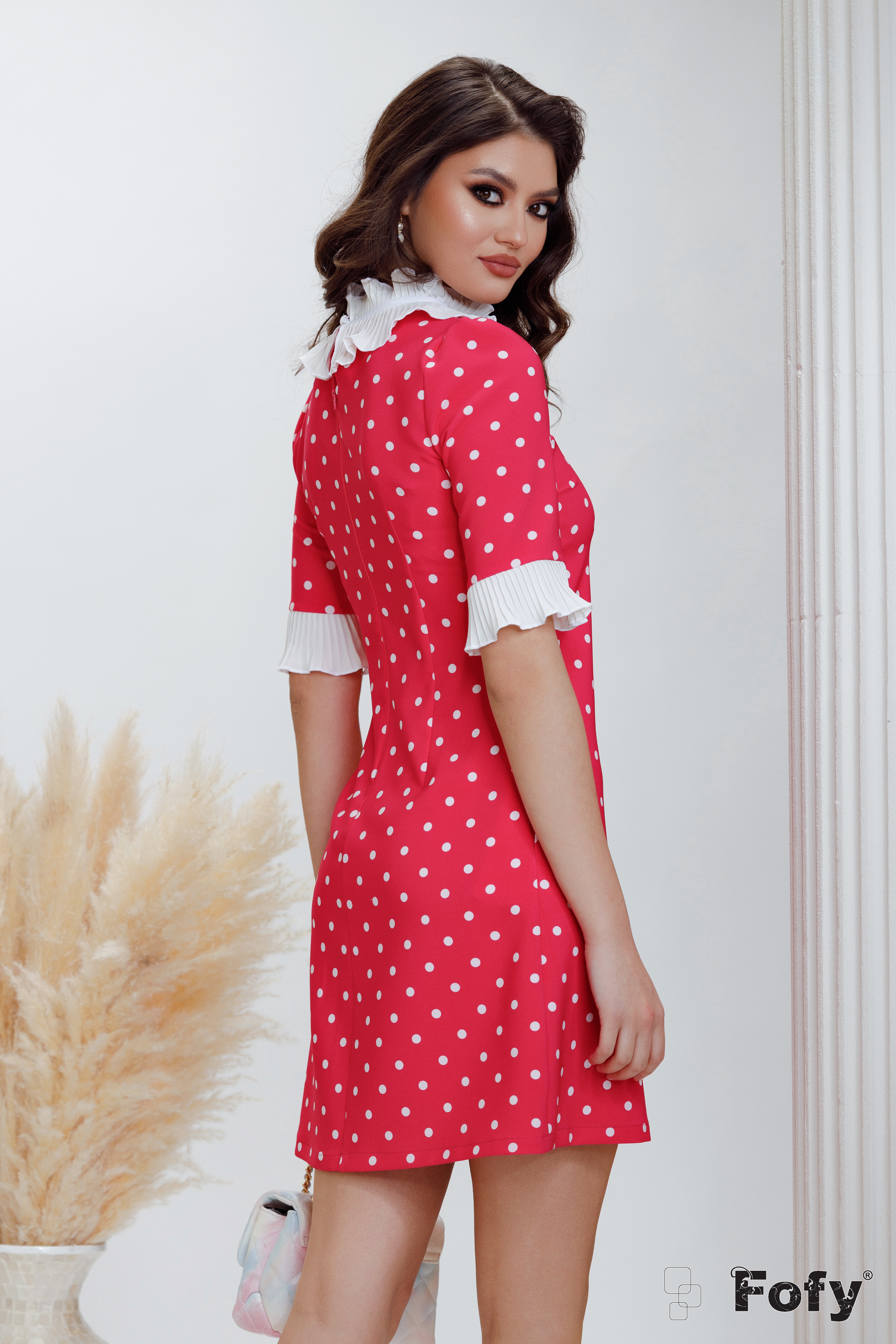 Rochie Fofy eleganta croi in A ciclame cu buline albe guler si mansete ...