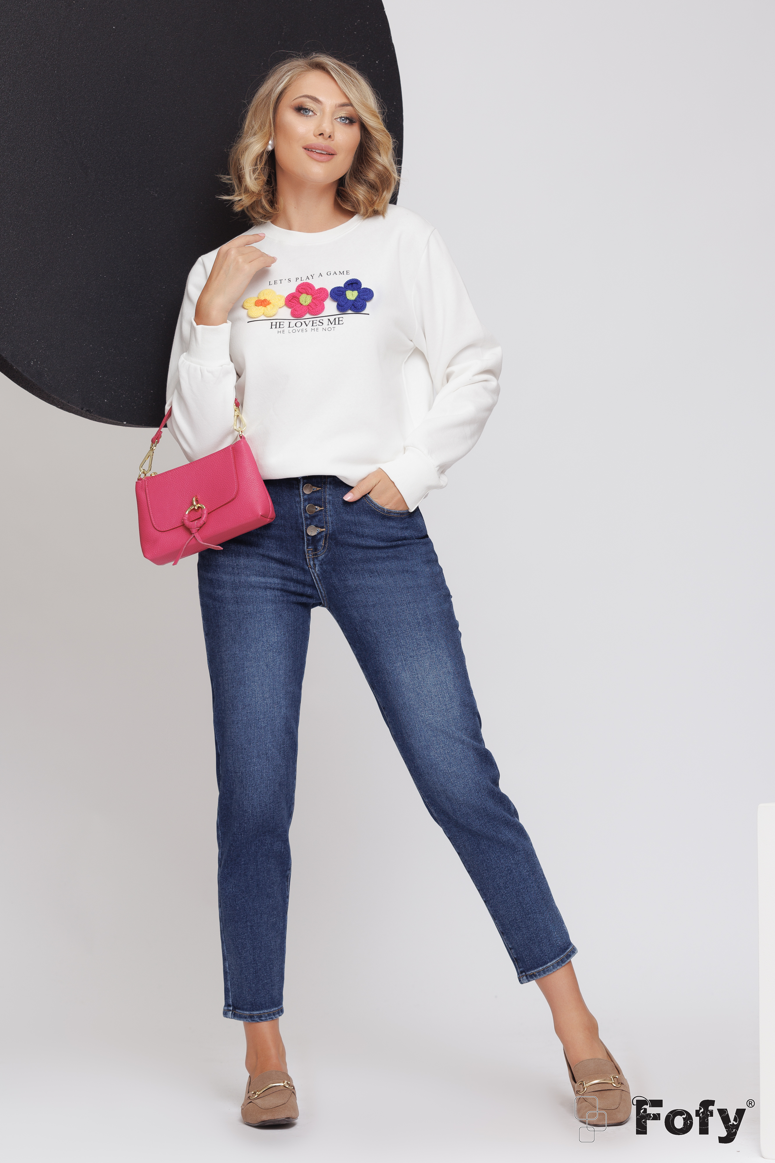 Blugi dama premium boyfriend albastrii elastici cu nasturi in fata ...