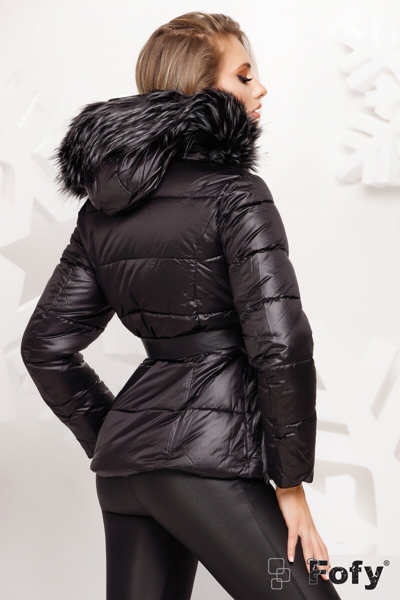 Geaca dama neagra cu blana la gluga si buzunare • Fofy Shop