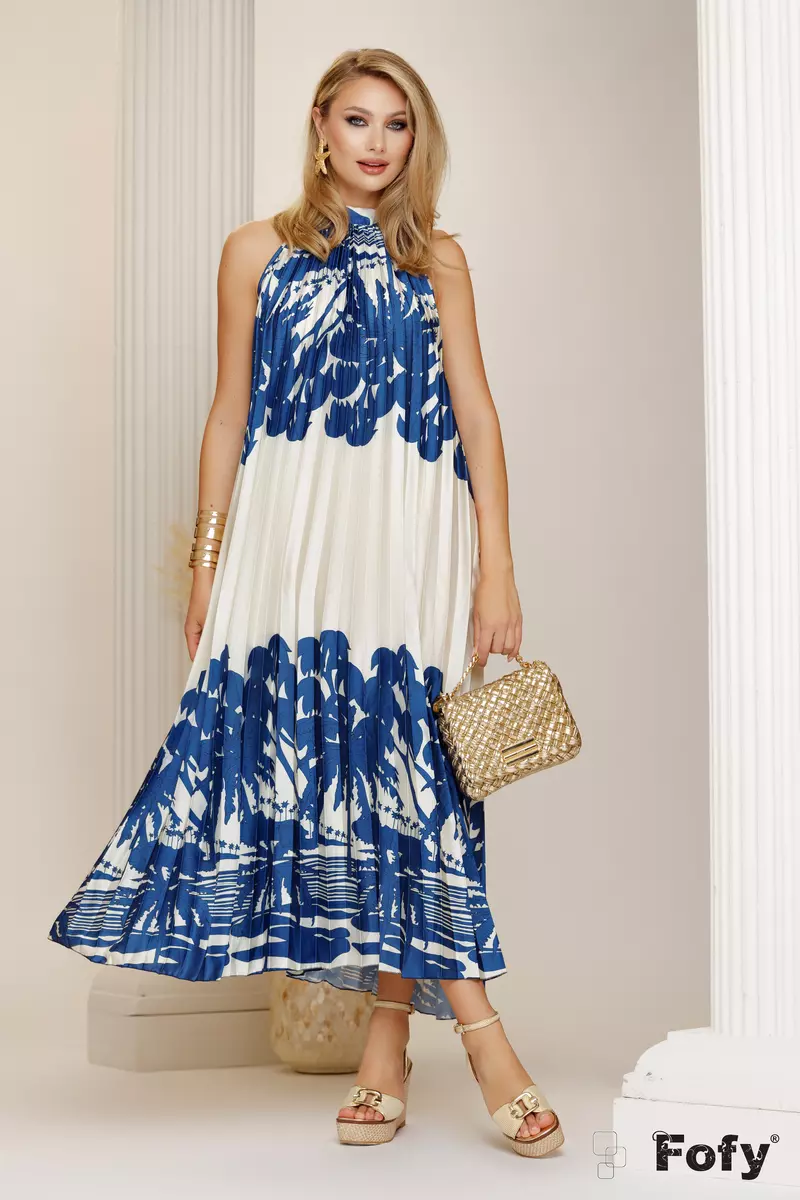 Rochie de vara plisata din saten cu imprimeu estival bleumarin • Fofy Shop