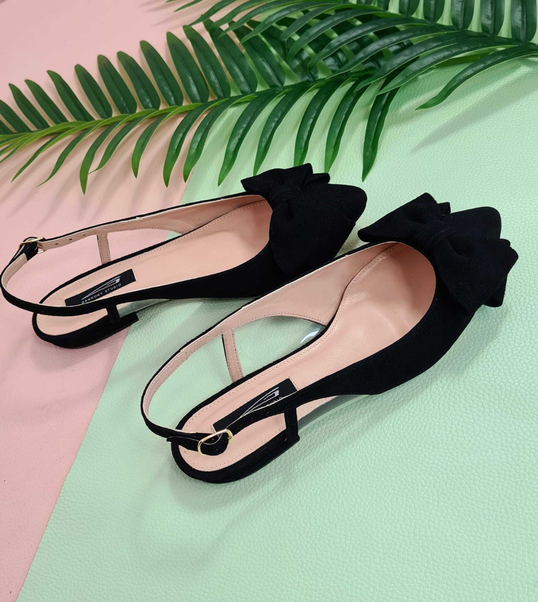 Balerini din piele naturala neagra Top cu funda - Garkony
