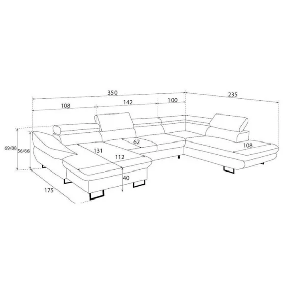 Coltar extensibil Fabio U, 350x235x175 cm, Stofa, Negru - Kalenda